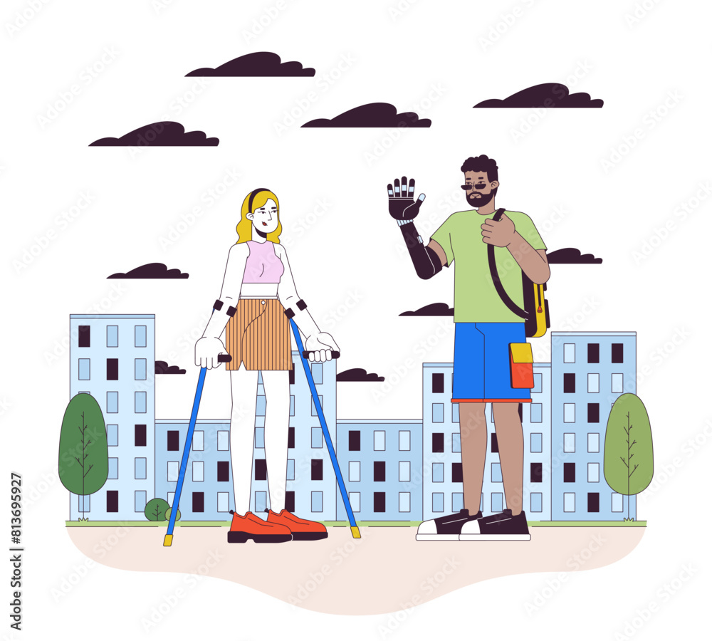 Disabled friends line cartoon flat illustration. Woman with crutches ...