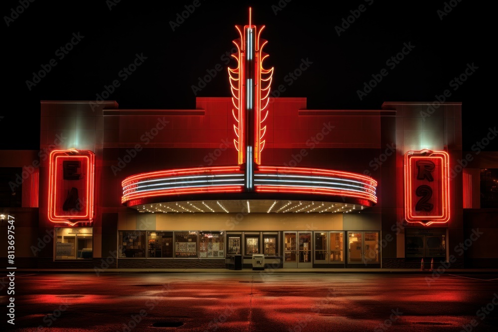Illuminated art deco movie theater exterior with neon lights under the night sky Stock Photo ...