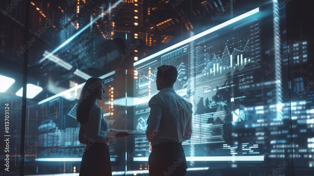 Towards the future, male and female trade agents talk while working on ...