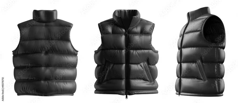 Set of black Down puffer padded quilted warmth parka vest, front back ...
