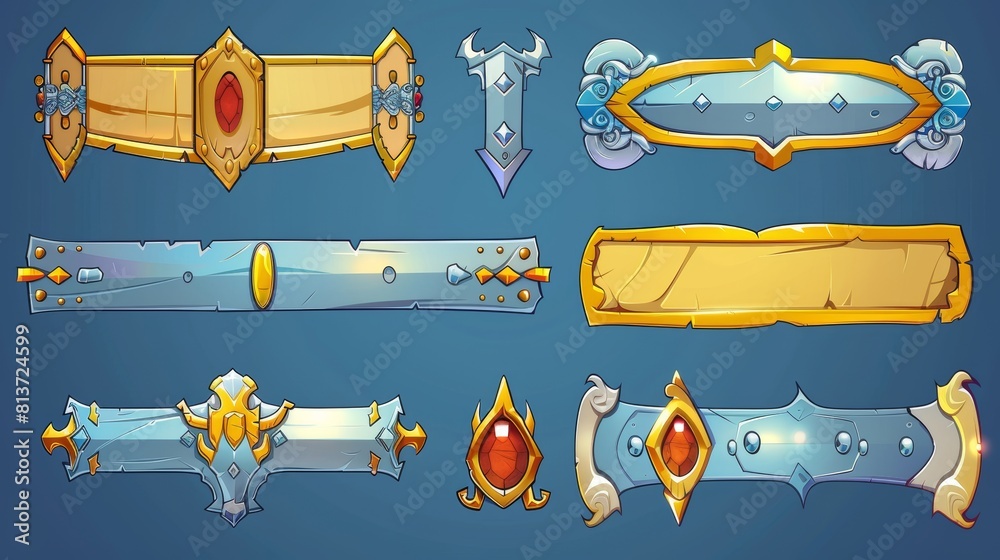 Game frame set with silver and gold decoration on a blue background ...