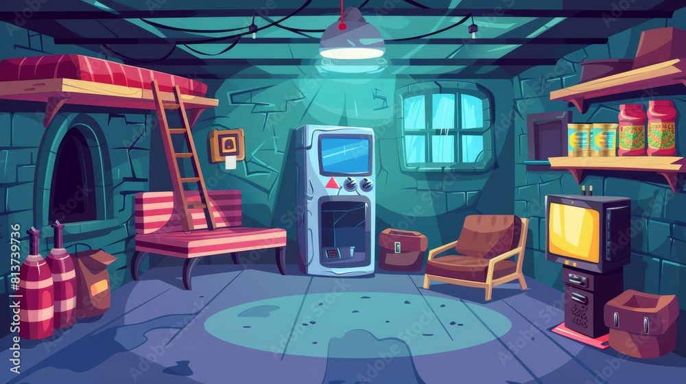 Cartoon illustration of bunker basement room interior with bunks, TV ...
