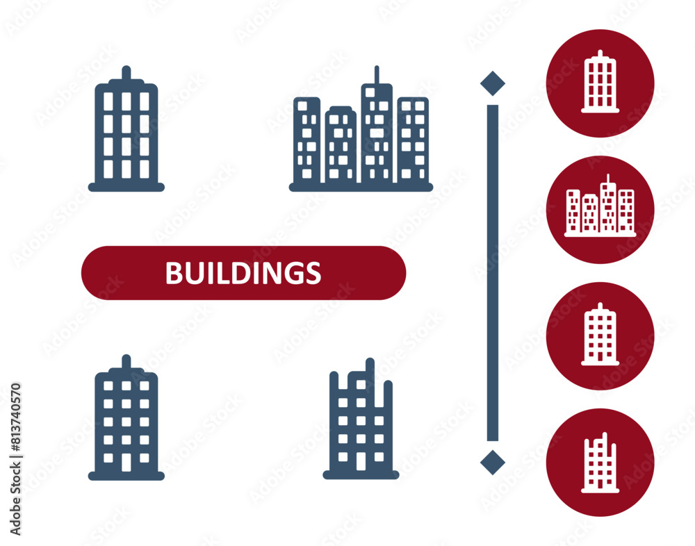 Buildings icons. Building, construction, scaffolding, skyscrapers ...