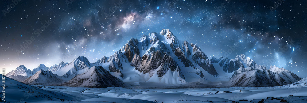 Snow capped mountains under starry skies create a breathtaking ...