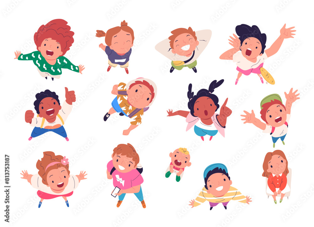 Children looking up. Kids look-up top view, school or kindergarten ...