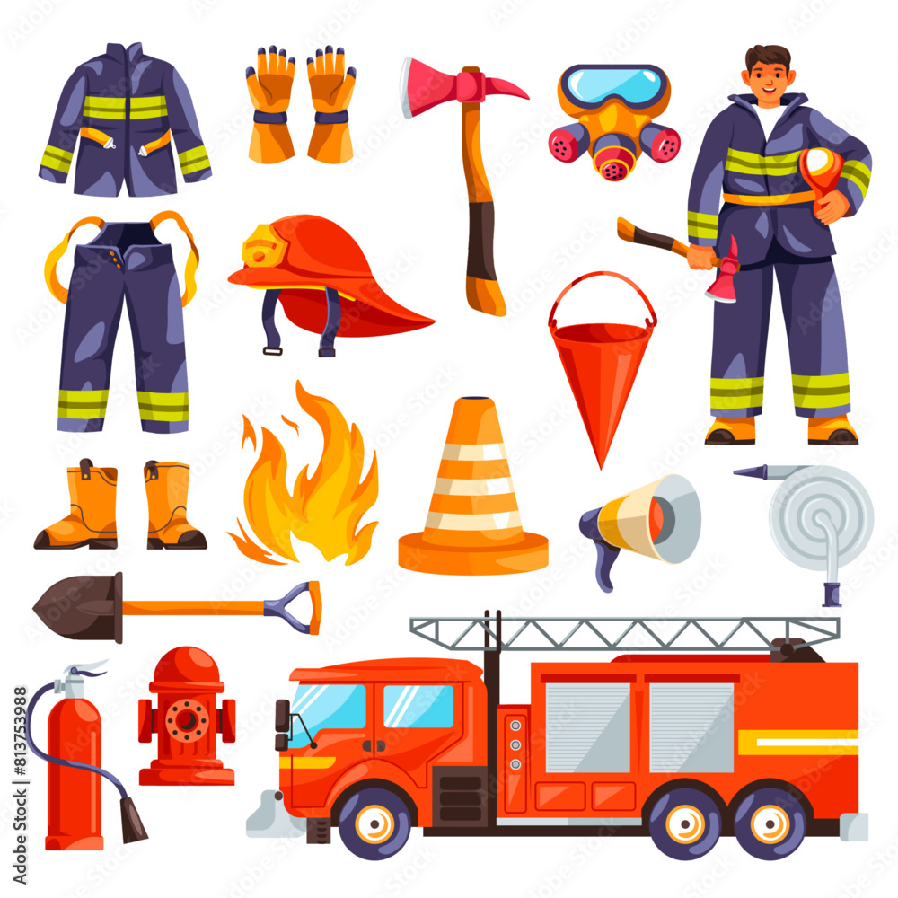 Cartoon firefighter equipment. Fire fighting tools, fireman protection ...