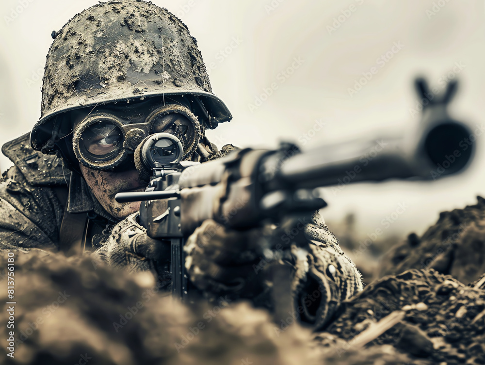 Closeup of a WW1 machine gunner, face gritty and focused, firing from a ...