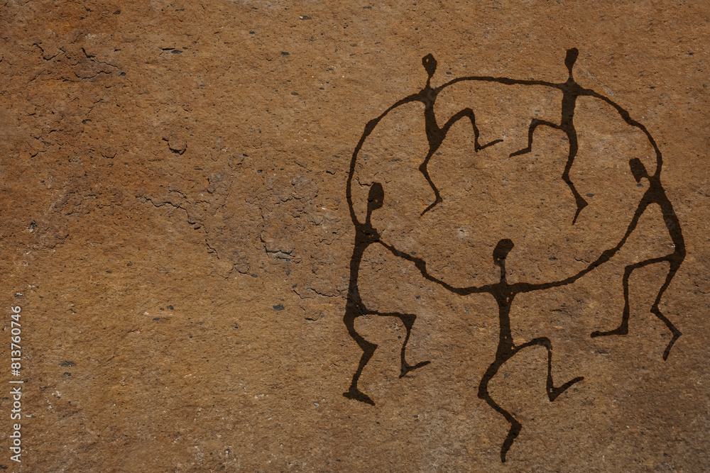 sun worshipers. scene with five men performing ritual dancing. mural ...