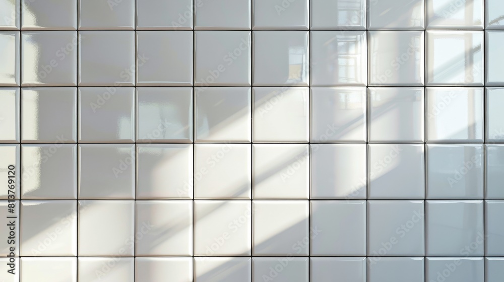White tiles in the bathroom. Ceramic wall texture in the kitchen. Clean ...
