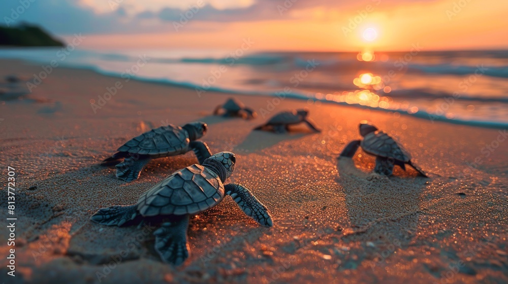 Baby sea turtles journey to the ocean at sunset, symbolizing new ...