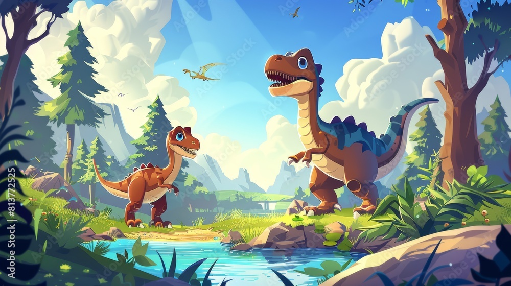 Animated dinosaur posters with baby diplodocus, tyrannosaurus rex and ...
