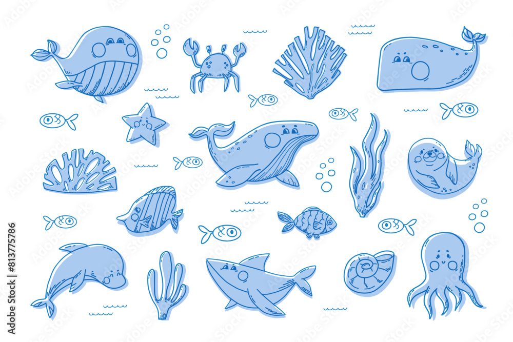 Ocean aquatic animals clipart hand doodle. Funny Underwater mammals ...