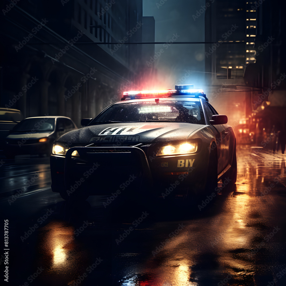 Close up photo of a police car in a big city. Police cars drive at ...