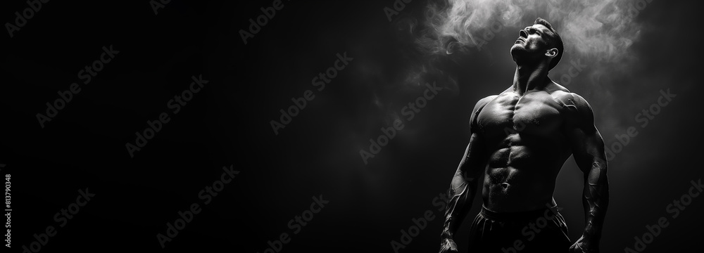 Bodybuilding fitness banner with muscular bodybuilder flexing muscles ...