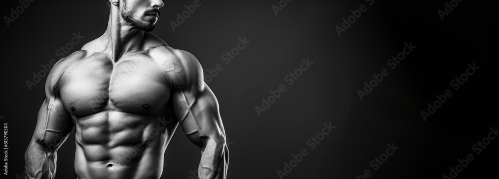 Bodybuilding fitness banner with muscular bodybuilder flexing muscles ...