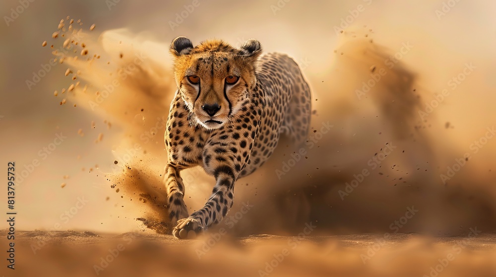 Beautiful cheetah running fast in the desert, surrounded by sand and ...