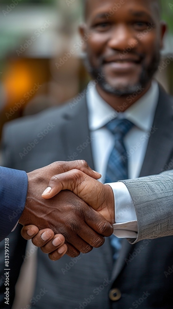 Successful business african partners shaking hands in company office ...
