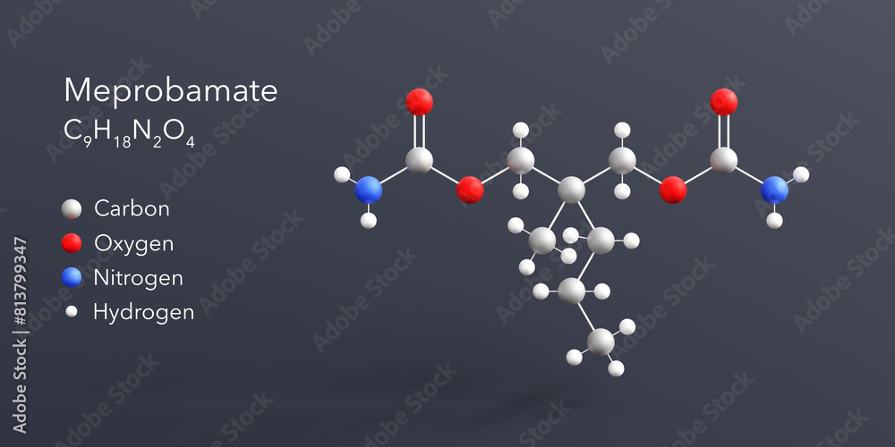 meprobamate molecule 3d rendering, flat molecular structure with ...