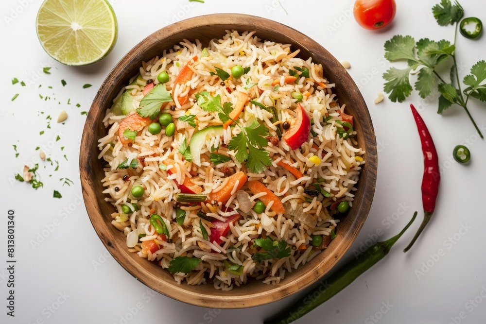 Veg biryani or veg pulav/pulao, pilaf Fried rice in a copper bowl ...