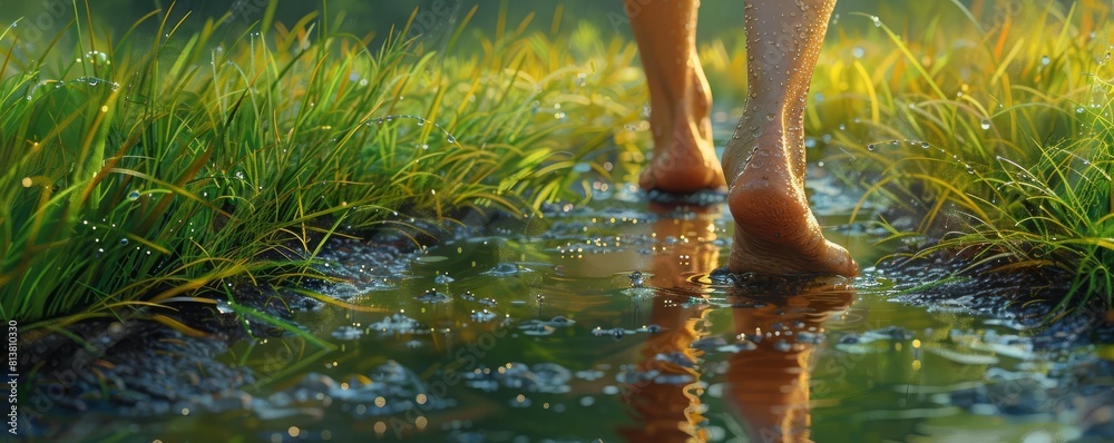 A barefoot walk through dewy grass at dawn, symbolizing connection and ...