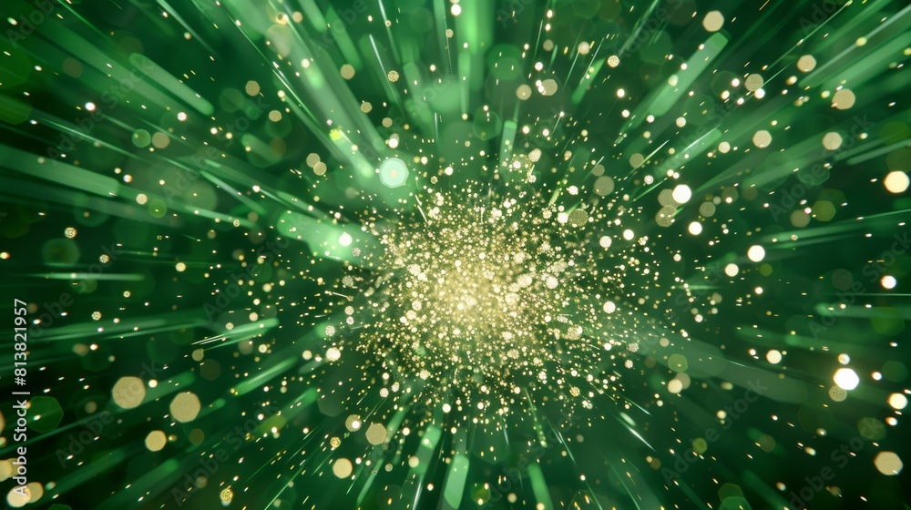 glitter particles exploding outwards from a central point on a green ...