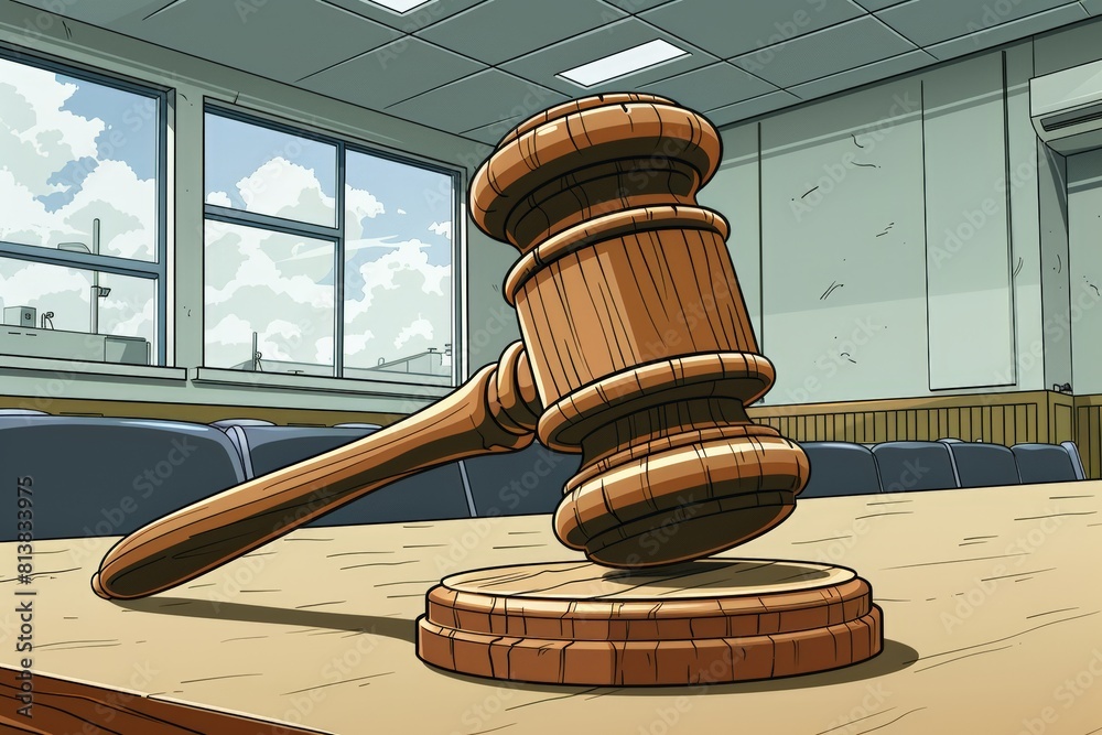 A detailed illustration of a courtroom, with each object (gavel, robe ...