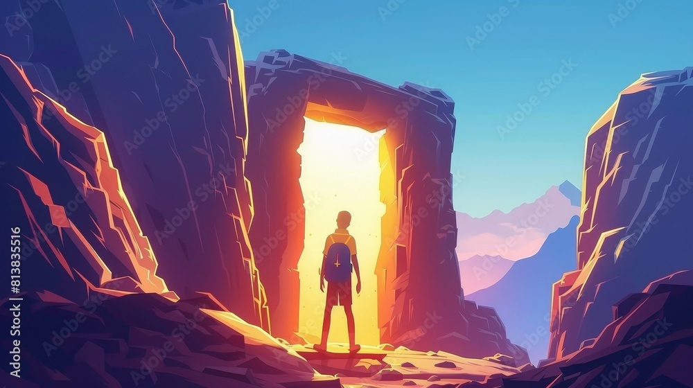 A traveling man stands by a teleport in a stone frame inside of a ...