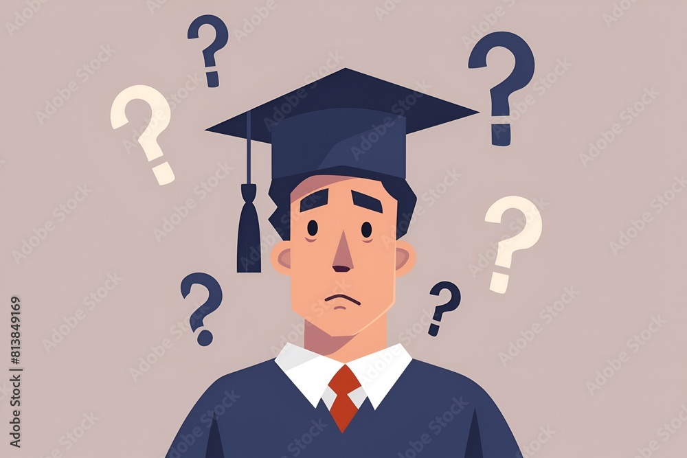 Young man in graduation cap and gown with question marks, feeling ...