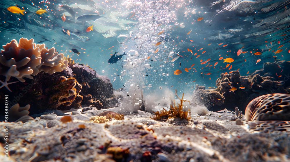 Coral bleaching by climate change. Dead and dying coral reef due to ...