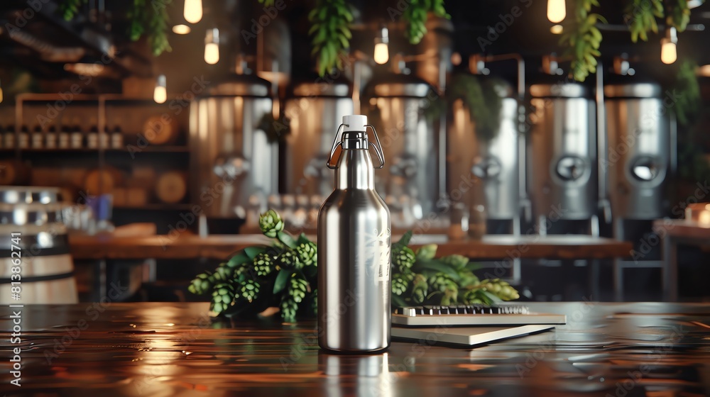 Blank stainless steel growler mockup on a brewery table, with flight ...