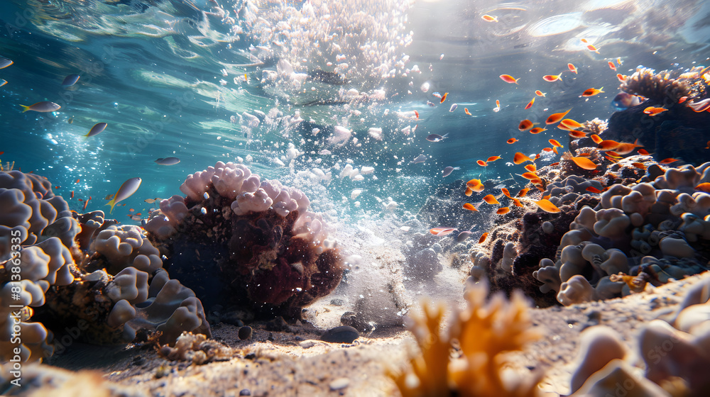 Coral bleaching by climate change. Dead and dying coral reef due to ...