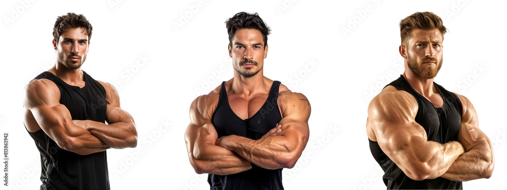 set of a strong young athlete man wearing black tank top showing big ...