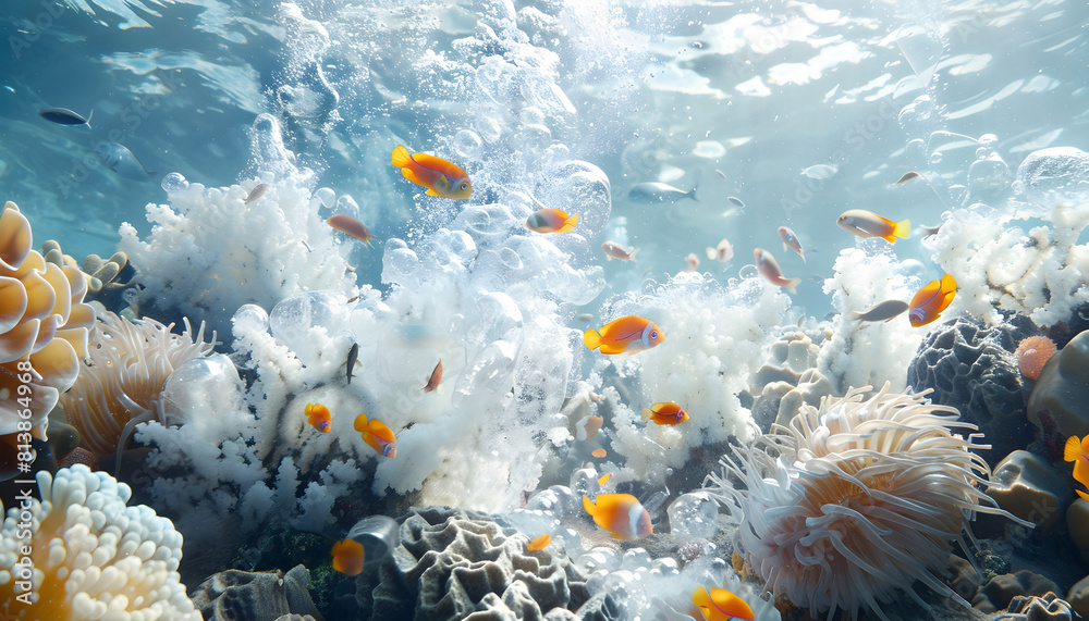 Coral bleaching by climate change. Dead and dying coral reef due to ...