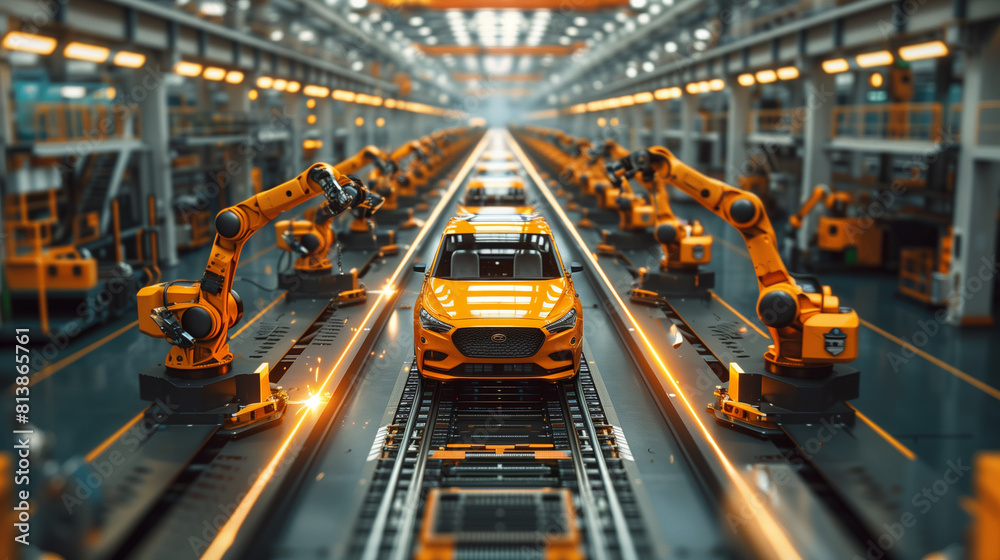 Ilustración de Stock Futuristic assembly line with automated robotic arms welding and assembling ...