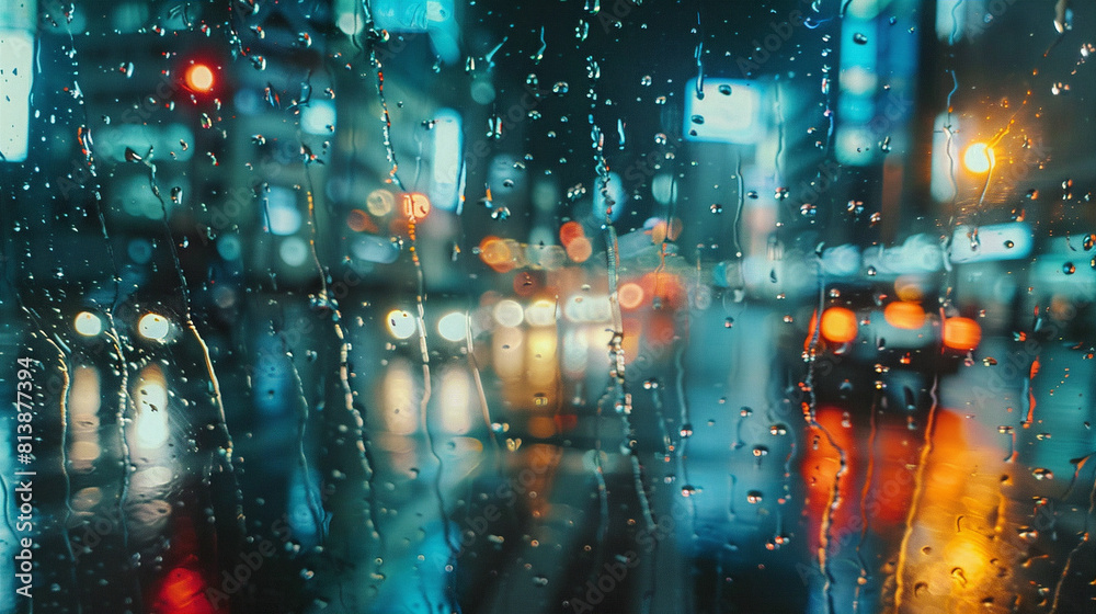 City lights reflecting off a wet window pane at night in a painterly ...
