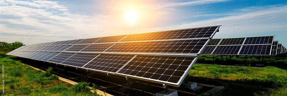 Solar panels installed in green fields under bright sun. Large solar ...
