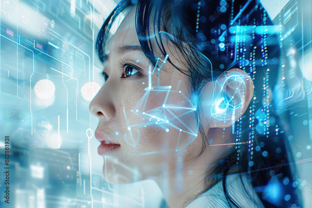 Futuristic portrait of Asian girl with glowing data visualization ...