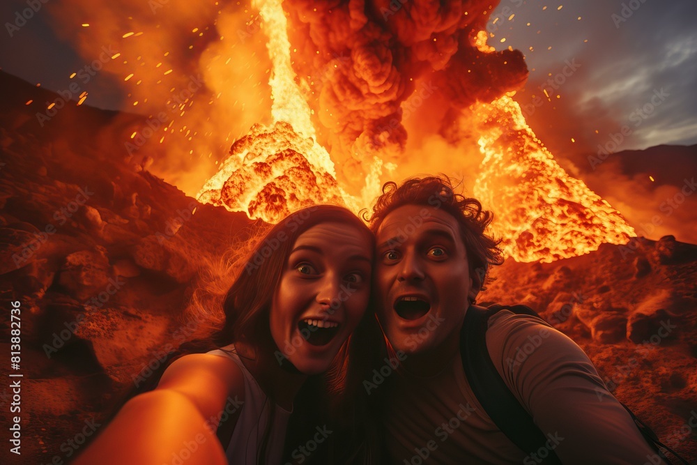 Excited couple captures a once-in-a-lifetime selfie with a spectacular volcanic eruption behind ...