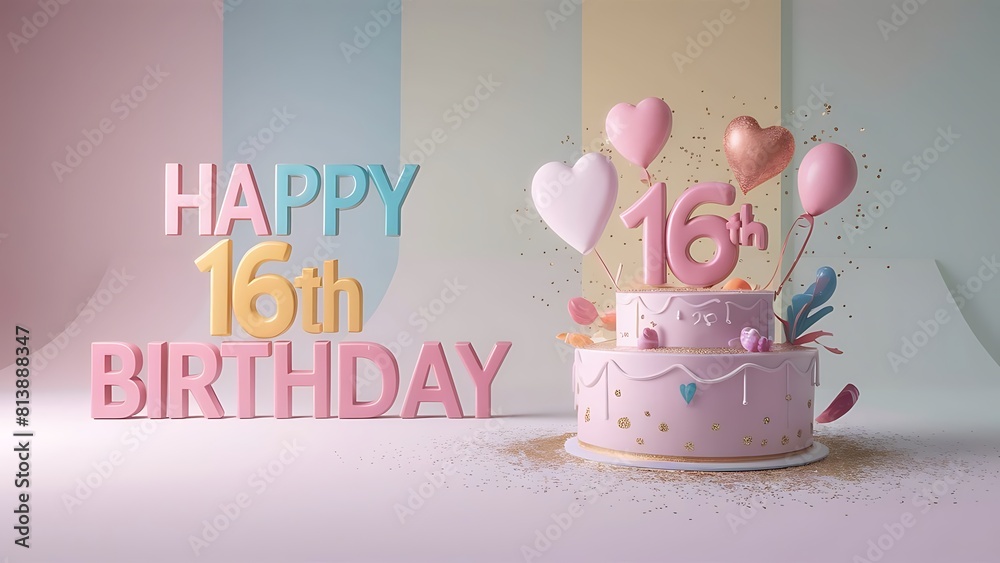 Minimalist 3D Pastel theme Happy 16th Birthday Background With ...