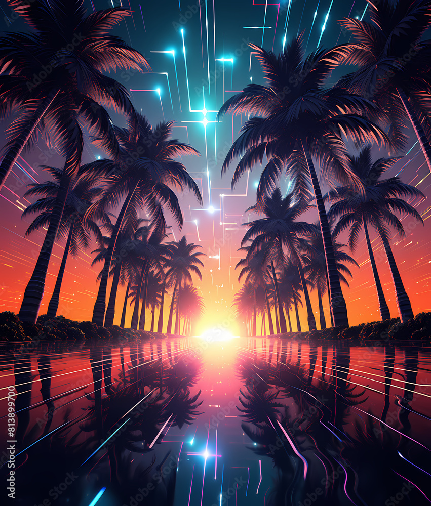 Tropical beach with palm trees and neon lines at sunset background ...