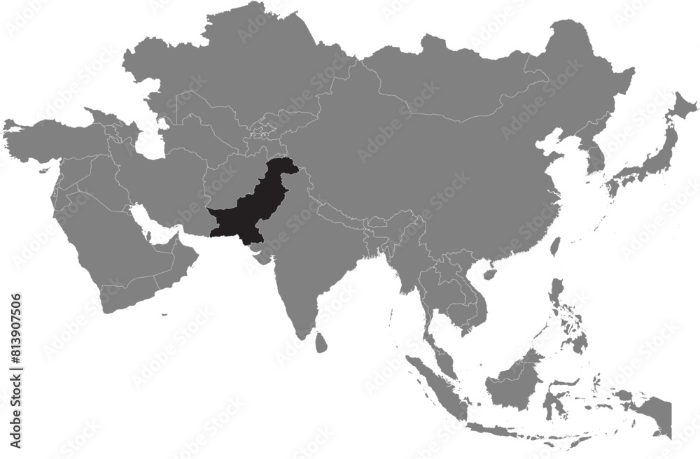 Highlighted black map of PAKISTAN inside dark grey detailed blank ...