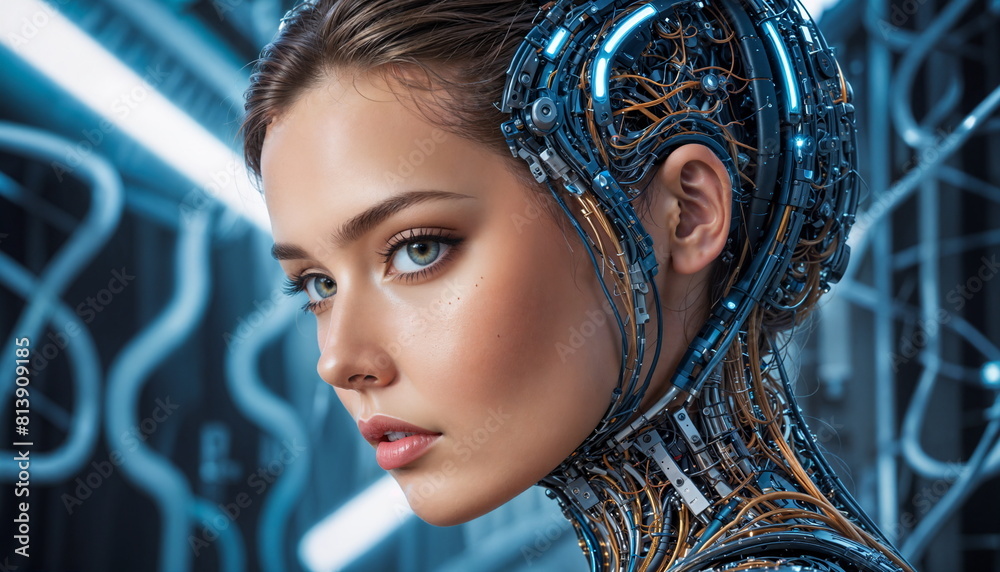 A close-up of a female androids face, featuring detailed mechanical ...