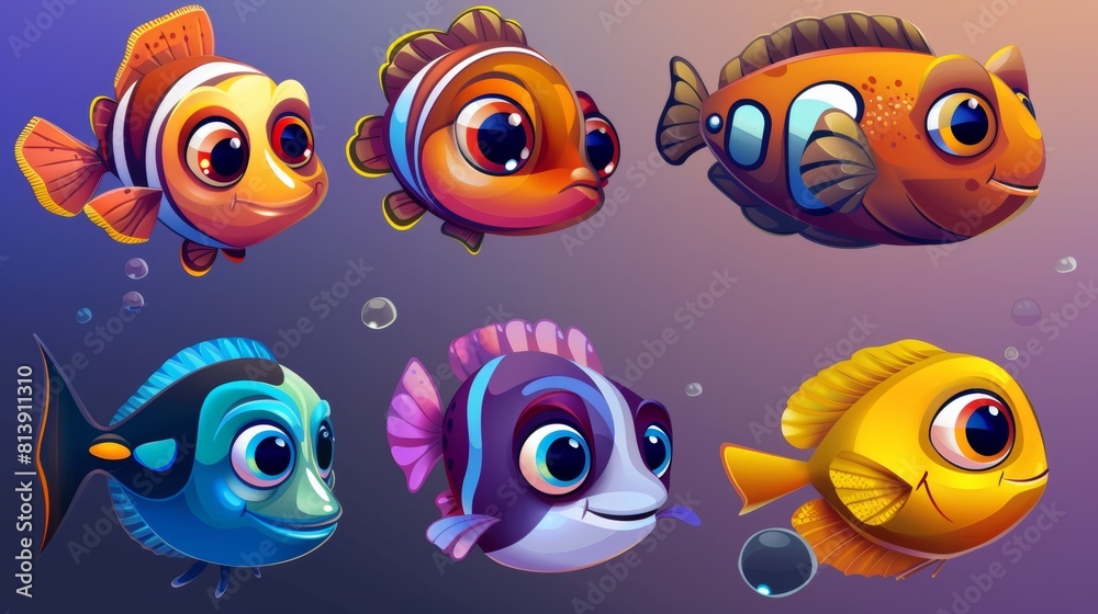 Various types of sea fish with big eyes and cute mouths, characters for ...