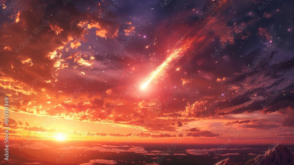 A dazzling meteor streaks across the sky as the sun s light glistens ...