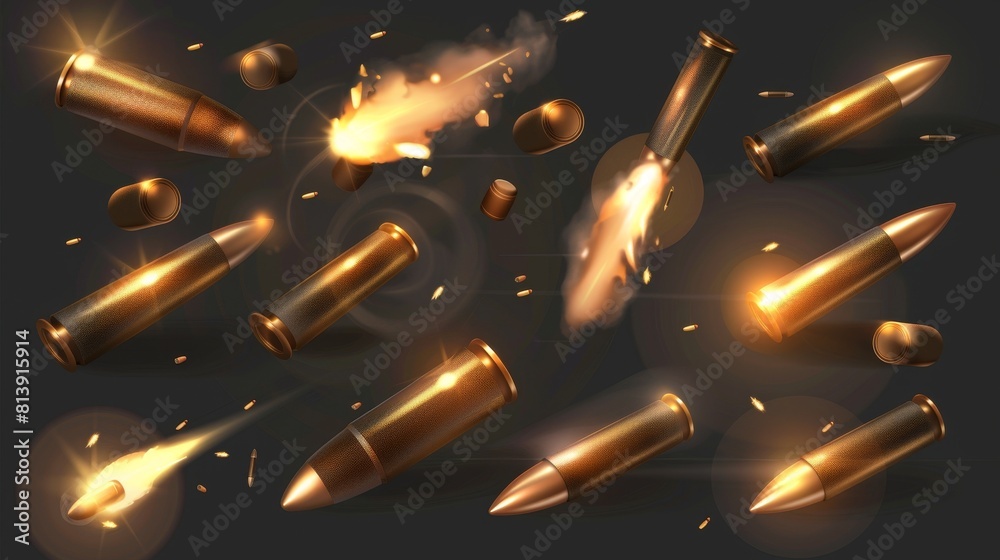 Bullets flying with fire and smoke traces. Military handgun shoot ...