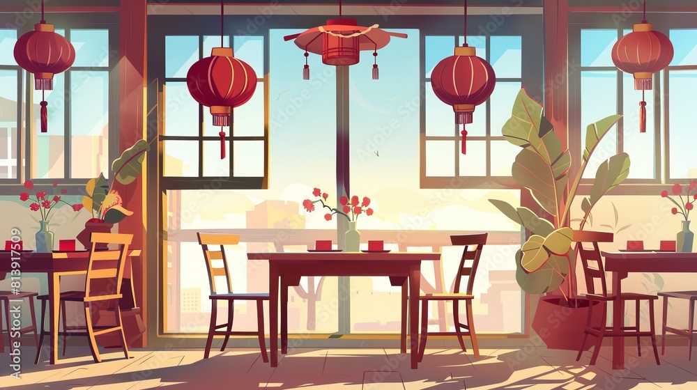 Food and tea served on wooden tables and chairs in a Chinese restaurant ...