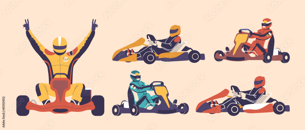 Kart Racing Vector Set With Multiple Racers In Various Positions. One ...