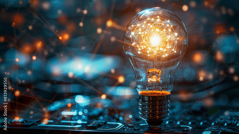 Illuminated light bulb on a circuit board backdrop symbolizes ...