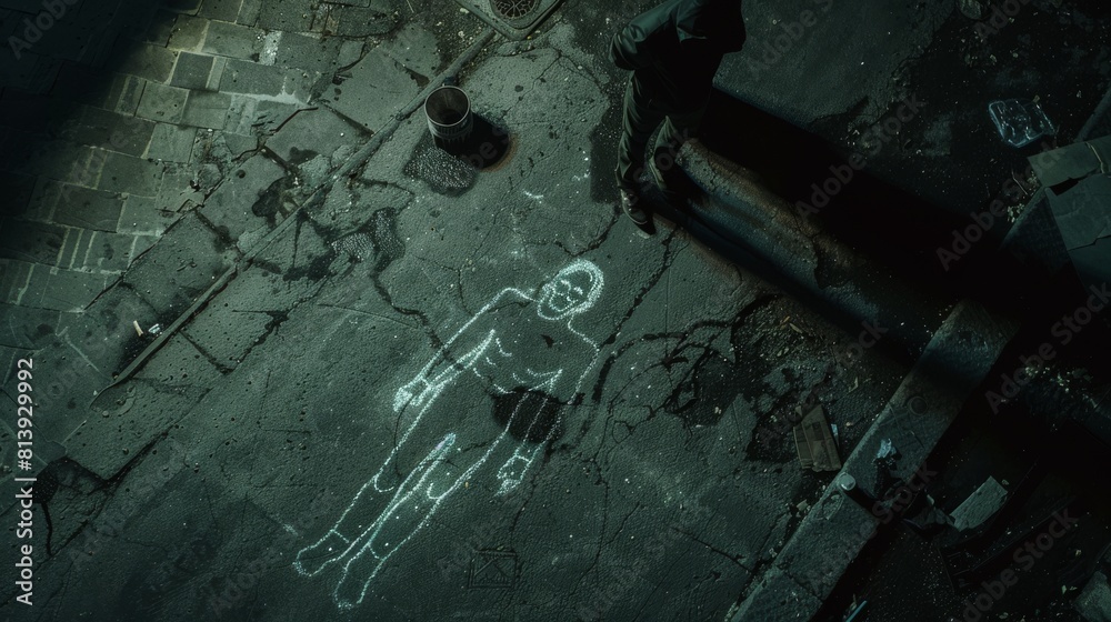 Chalk body outline on the pavement symbolizing a crime scene. Forensic ...