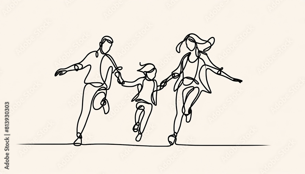Artistic line drawing of a family joyfully running together, depicted ...